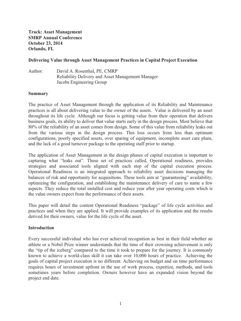 Delivering Value Through Asset Management Practices in Capital Project ...