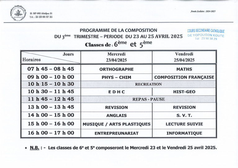 Calendrier de La Composition Trimestrielle Des Classes de 6e Et 5e_3e ...