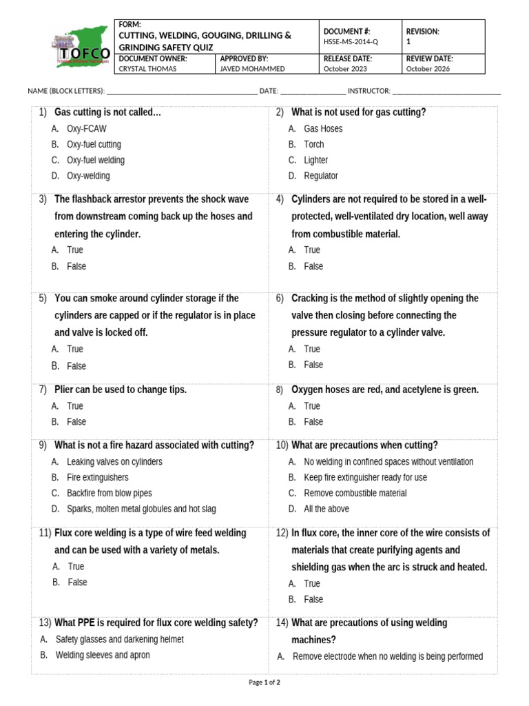 Cutting, Welding, Gouging, Drilling & Grinding Safety Quiz | PDF ...