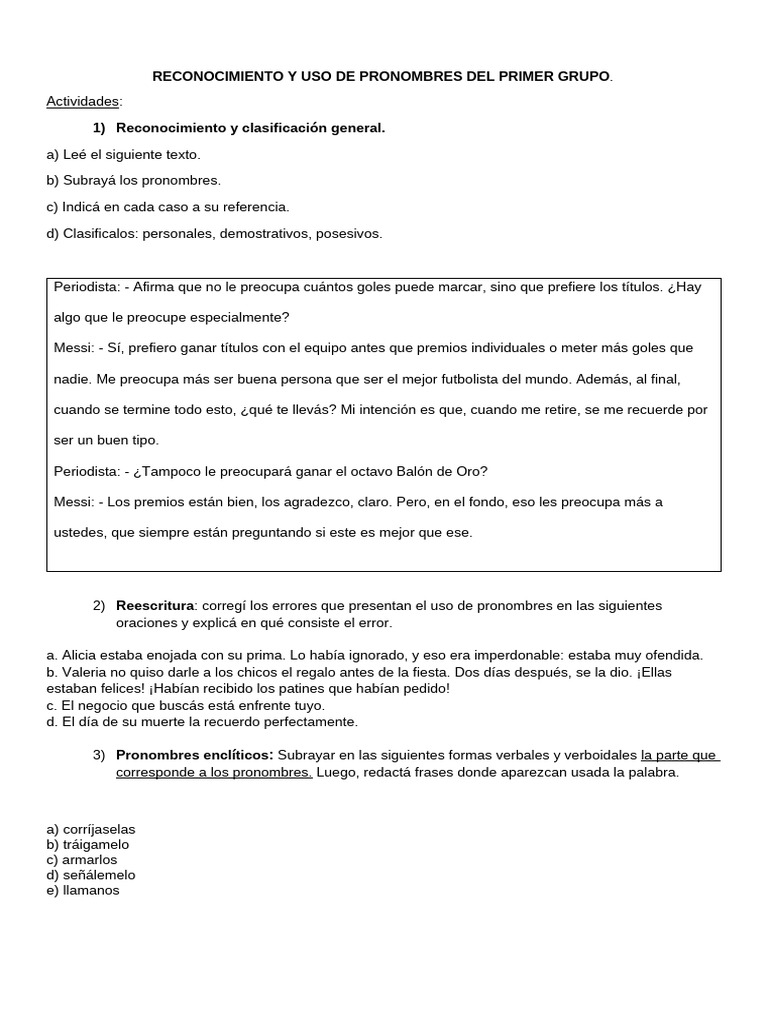 PRONOMBRES 1er Grupo - Ejercitación | PDF