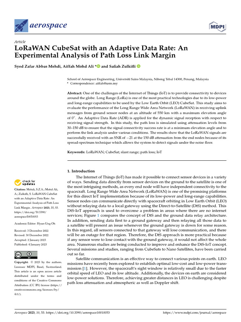 LoRaWAN CubeSat with an Adaptive Data Rate: An Experimental Analysis of Path Loss Link Margin ...