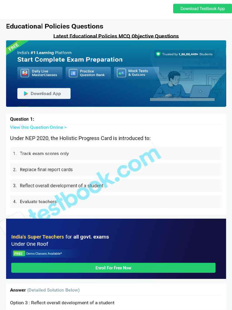 MCQ On Educational Policies 5eea6a1539140f30f369f526 | PDF