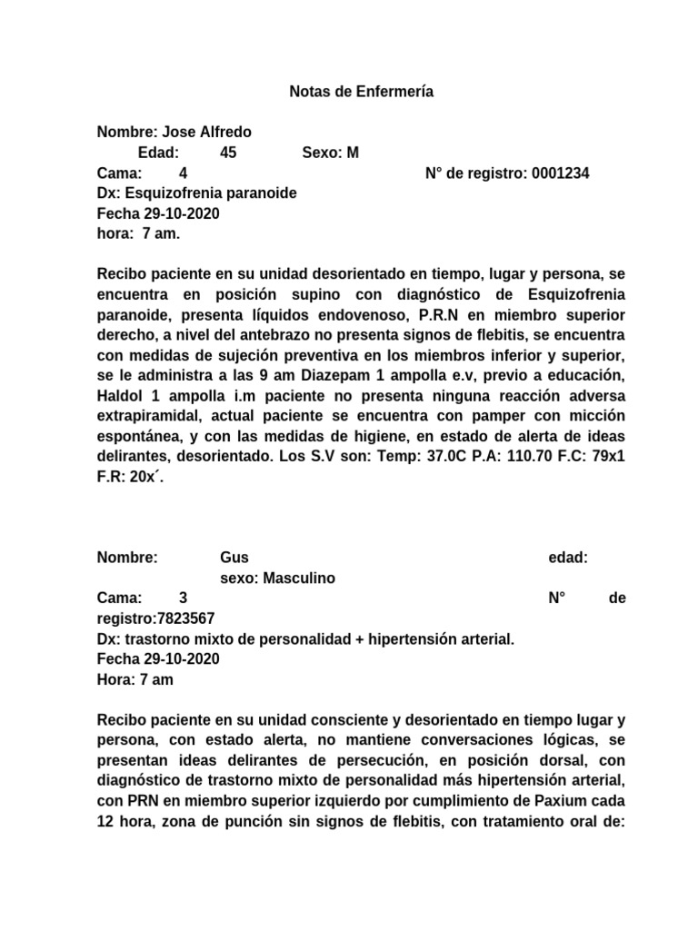 Ejemplo de Notas de Enfermería | PDF | Medicina CLINICA | Especialidades Medicas