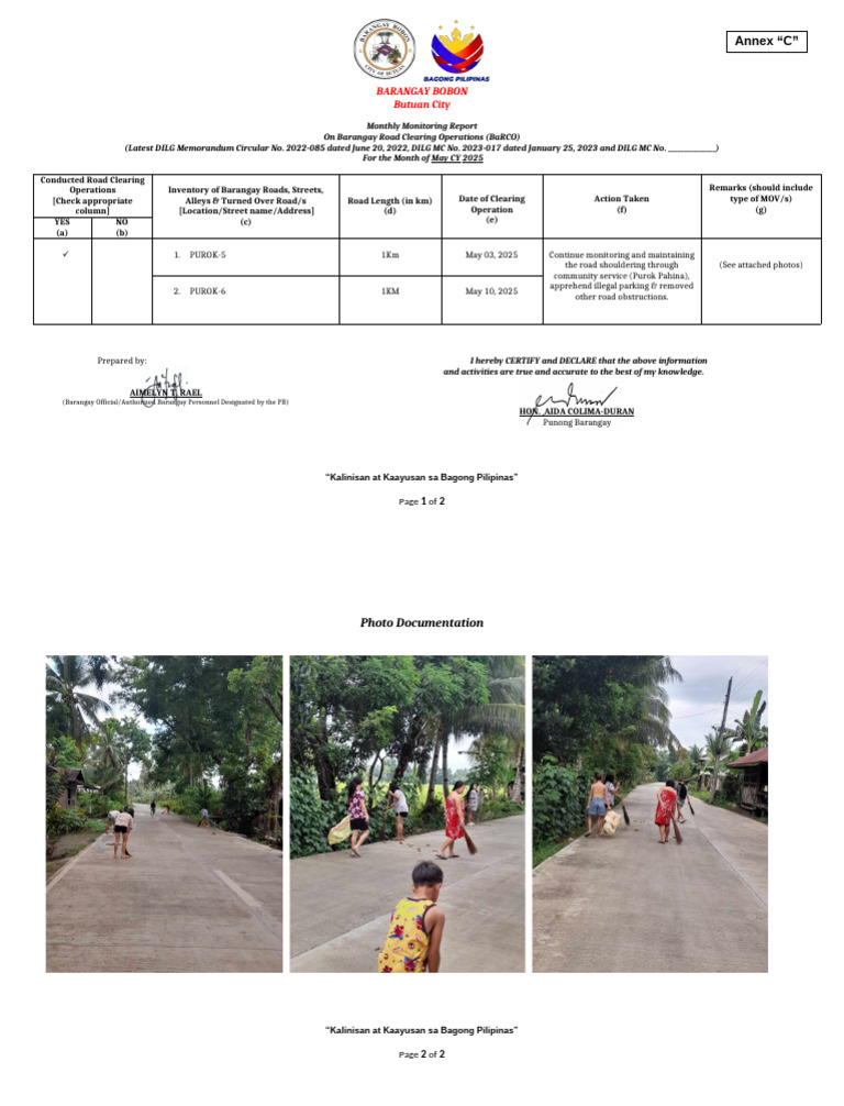 05 2025 Annex C Barangay BaRCO Monthly Monitoring Report PB S Certification 1 | PDF