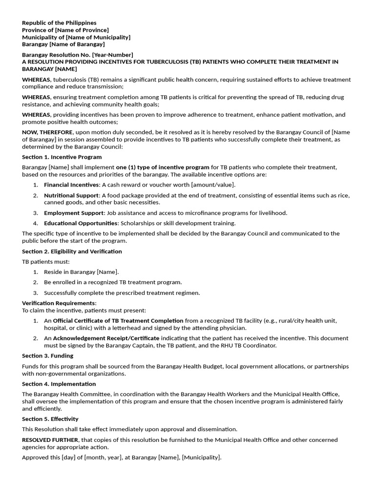 Sample Resolution For TB Treatment Incentive and Sample Acknowledgement ...