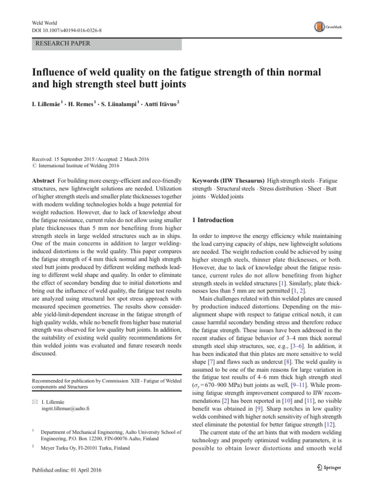 Influence of Weld Quality On The Fatigue Strength of Thin Normal and ...