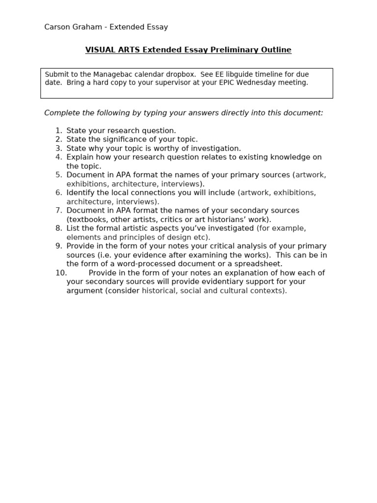 Preliminary Outline - Visual Arts EE | PDF