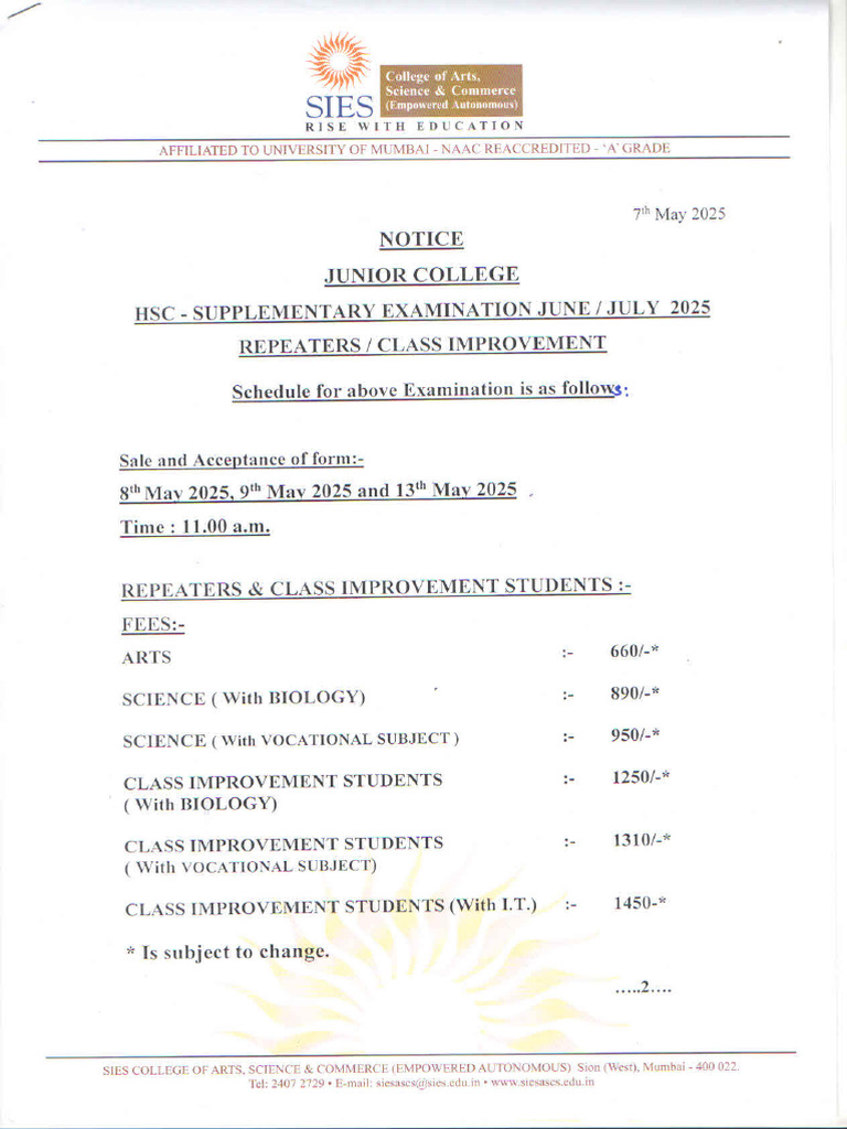 Schedule For HSC Suplementary Examination June-July - 2025 | PDF