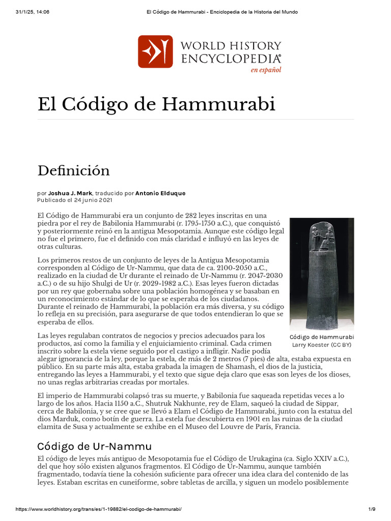 El Código de Hammurabi - Enciclopedia de la Historia del Mundo | PDF | Hammurabi | Babilonia