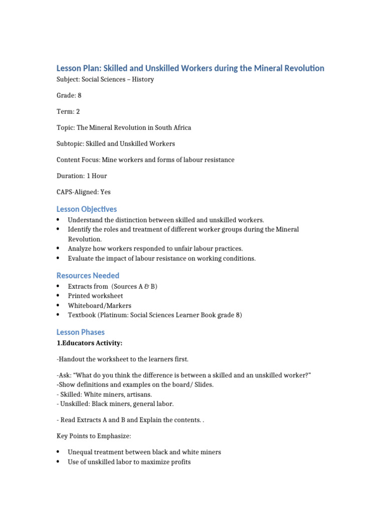 Grade8 History LessonPlan Skilled Unskilled Workers | PDF