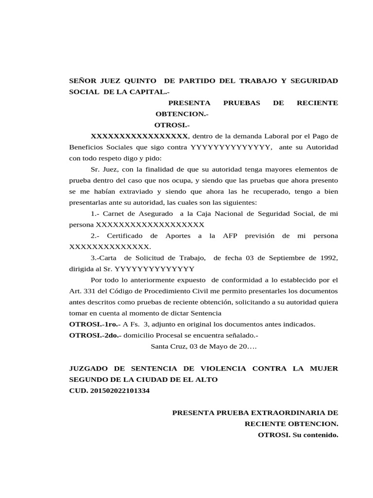 Memorial Presenta Pruebas de Reciente Obtencion | PDF | Ley Pública ...