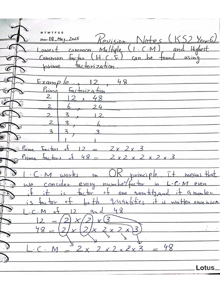 Handwritten Revision Notes (LCM, HCF,FRACTIONS,RULES FOR +&×, ALGEBRA ...