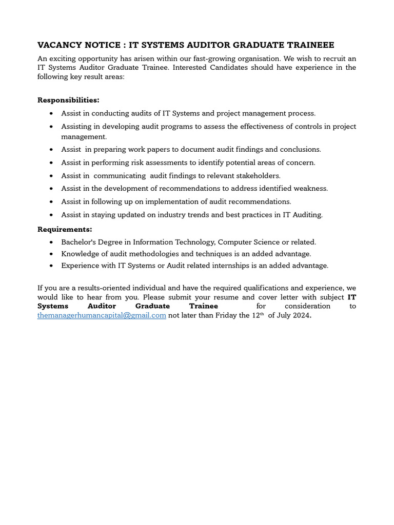 IT Systems Auditor Graduate Trainee | PDF