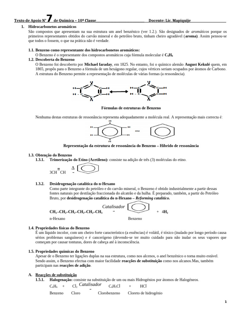 Hidrocarbonetos Aromáticos: Benzeno e Propriedades | PDF | Benzeno ...