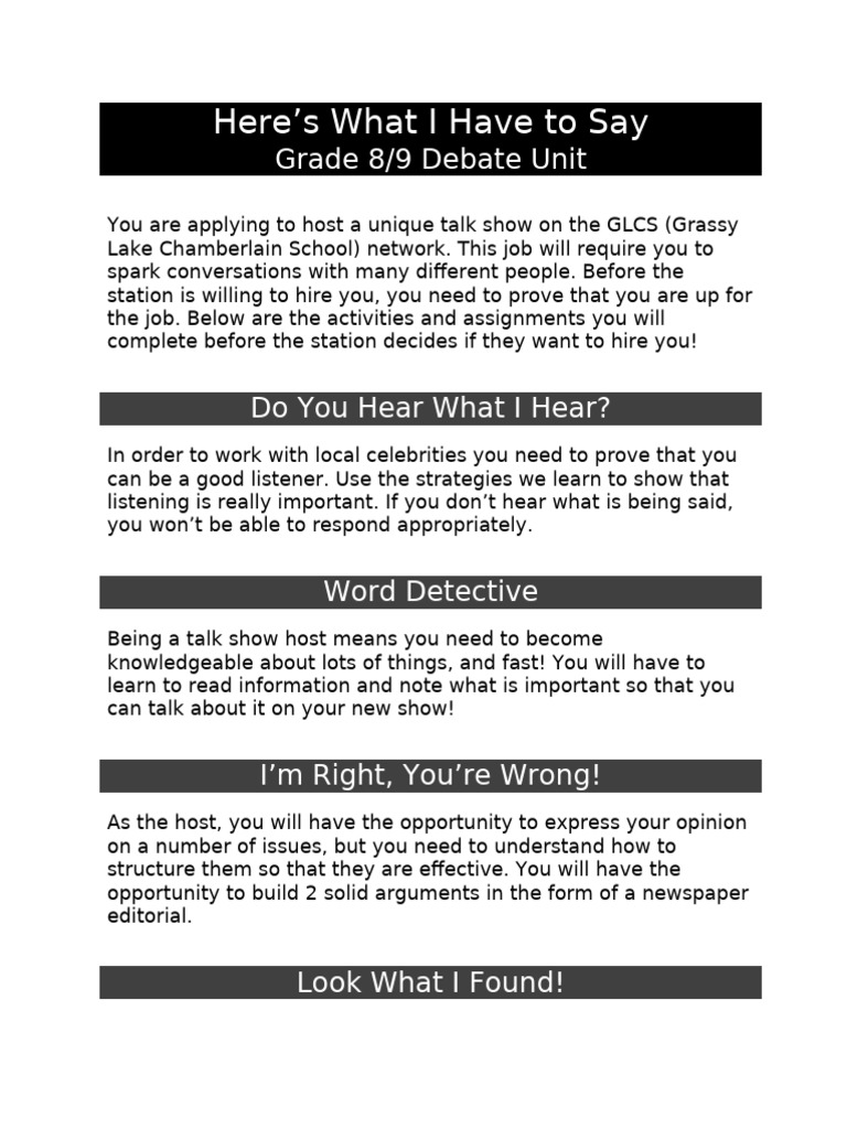 Grade 8/9 Debate Unit Activities Guide | PDF | Learning | Human ...