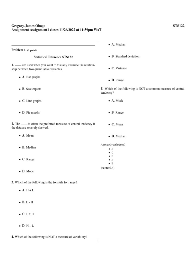 STS122.Gregoryobogo22@Gmail.com.Assignment1 (1) | PDF | Errors And Residuals | Statistics