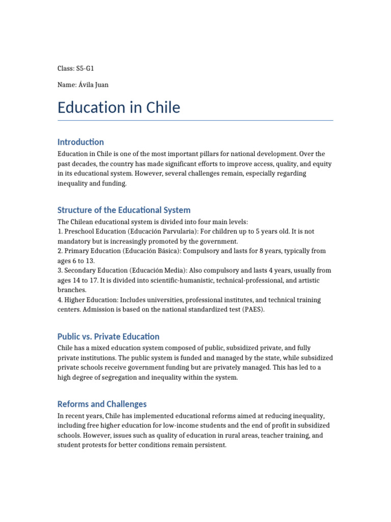 Education in Chile Avila Juandjjdksissds | PDF