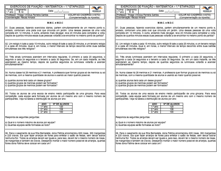 ATIVIDADE DE FIXAÇÃO - MMC e MDC | PDF | Tempo
