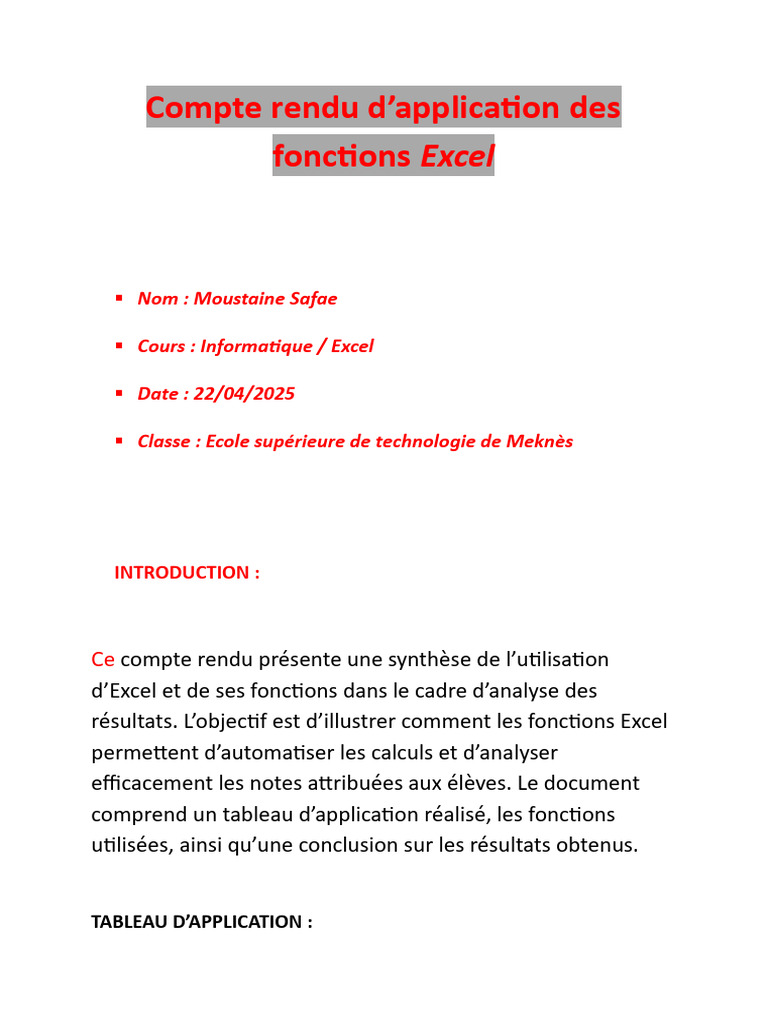 Compte rendu sur l'utilisation d'Excel | PDF | Microsoft Excel