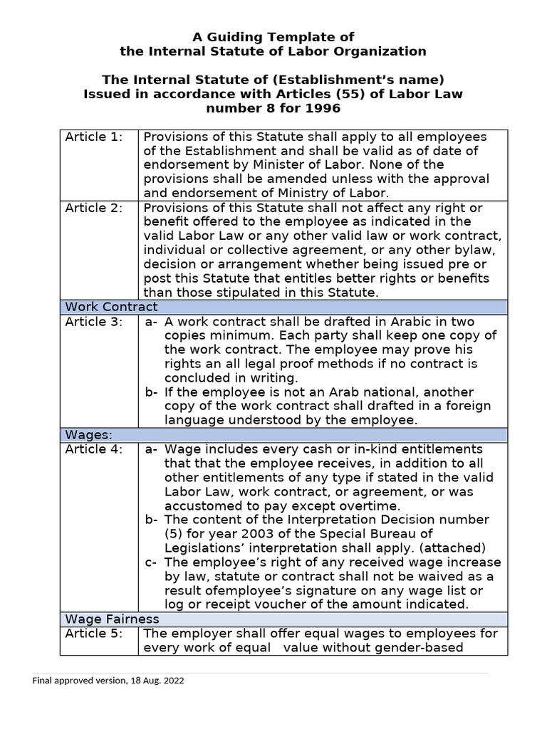 A Guiding Template of The Internal Statute | PDF | Employment | Overtime