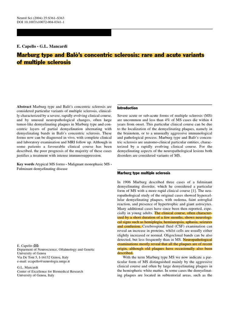 capello 2004 Marburg type and Balò’s concentric sclerosis | PDF ...
