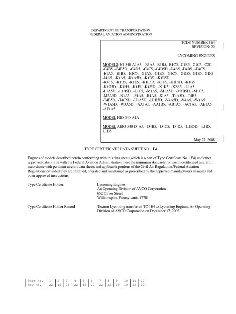 Type Certificate Data Sheet No. 1E4 | PDF | Fuel Injection | Turbocharger