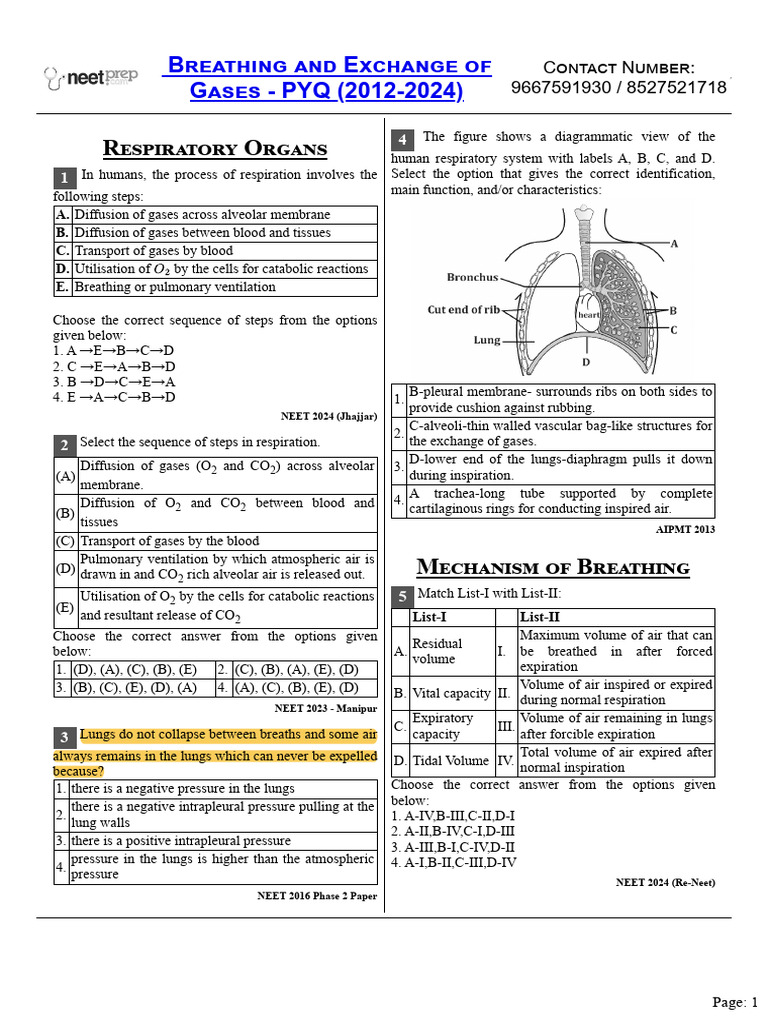 Breathing and Exchange of Gases - PYQ (2012-2024) | PDF | Exhalation | Respiratory System