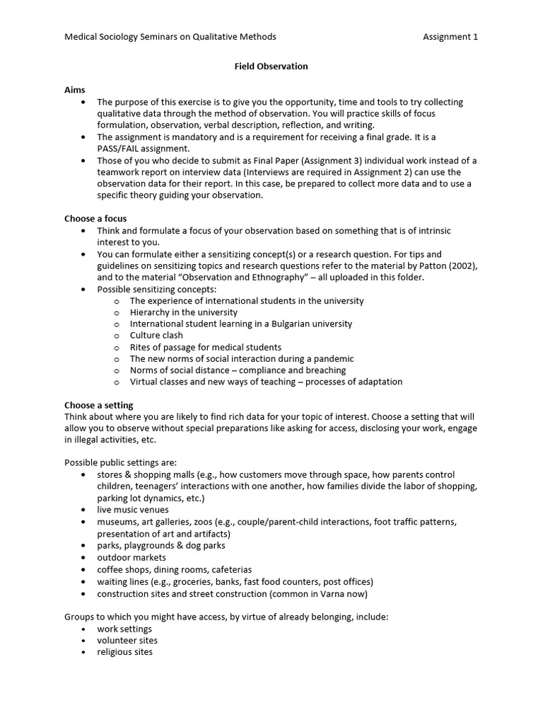 Field Observation Assignment Guide | PDF | Qualitative Research | Field ...