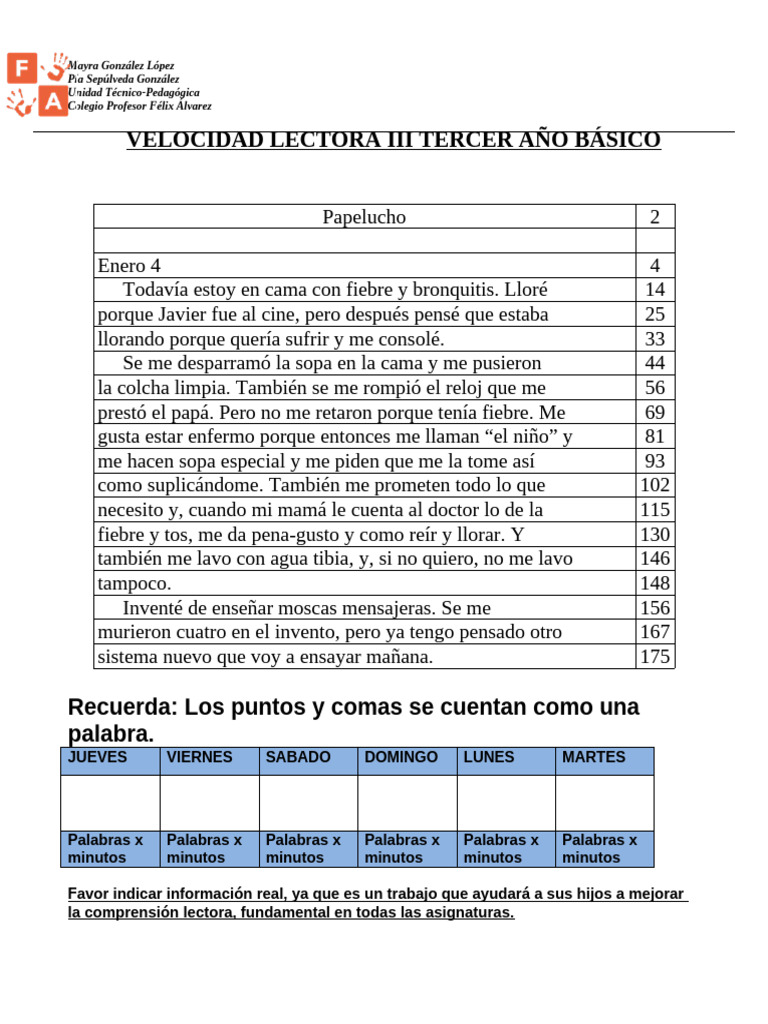 Fluidez Lectora III: Tercer Año Básico | PDF