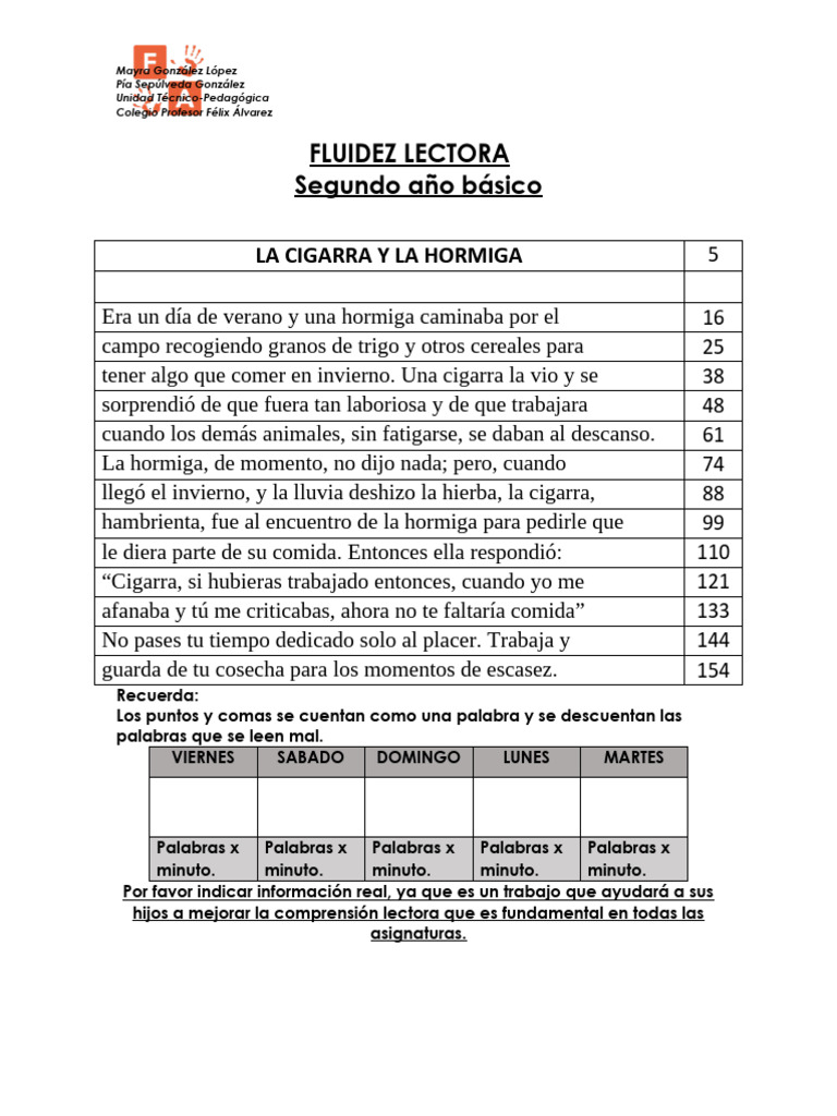 Fluidez Lectora: La Cigarra y la Hormiga | PDF