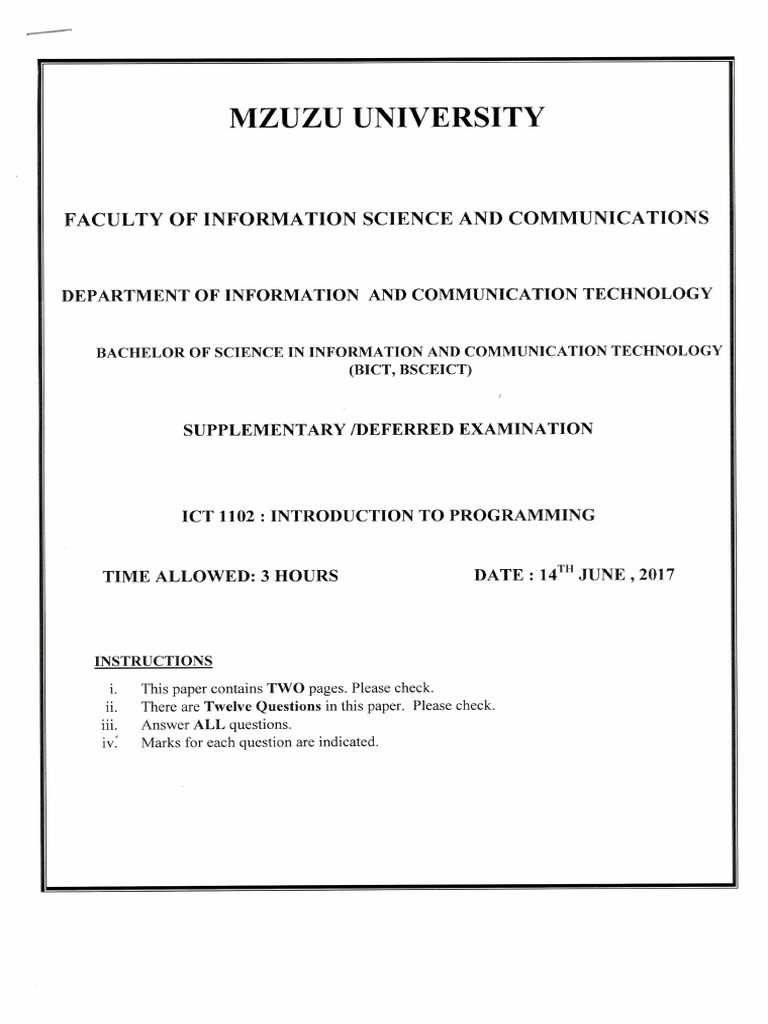 Ict 1102 Introduction To Programming Supplementary Examination June ...