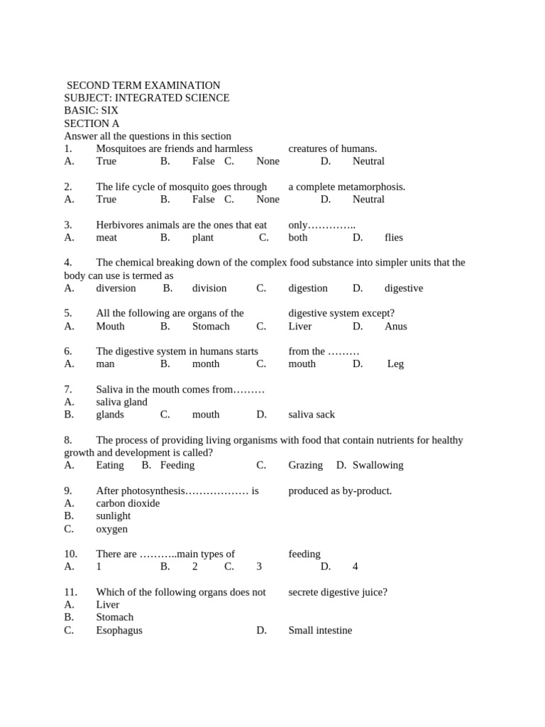 BASIC 6, INTEGRATED SCIENCE | PDF | Digestion | Foods