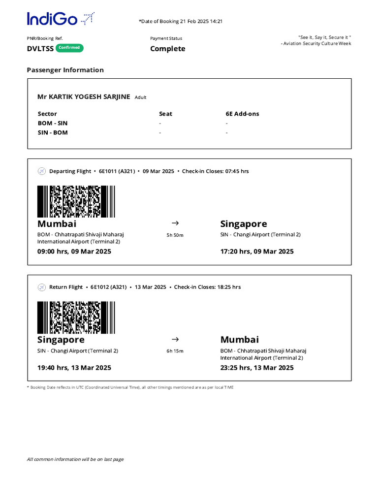 IndiGo FLIGHT TICKET | PDF | International Airport | Airport Security