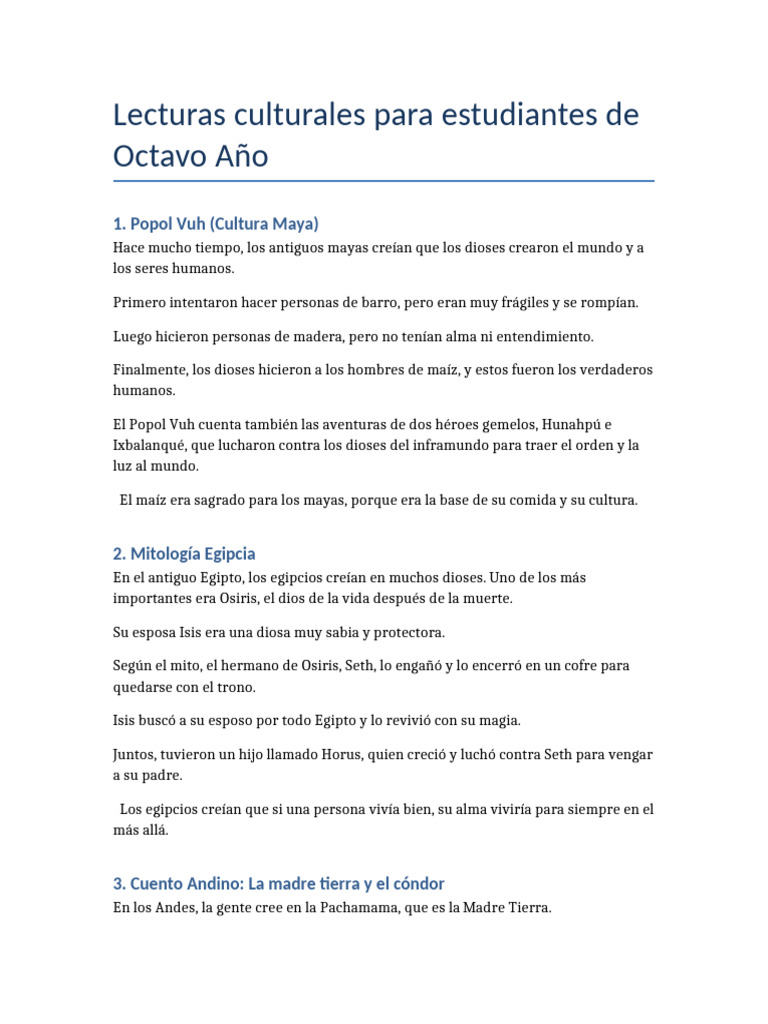 Lecturas Culturales Octavo Año | PDF