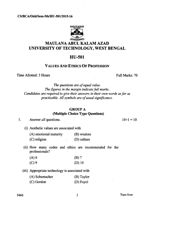 Bca 5 Sem Values and Ethics of Profession Hu 501 2016 | PDF