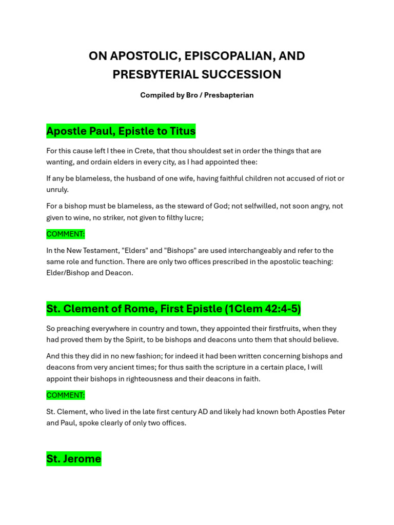Presbyterian Views on Apostolic Succession | PDF | Bishop | Paul The ...
