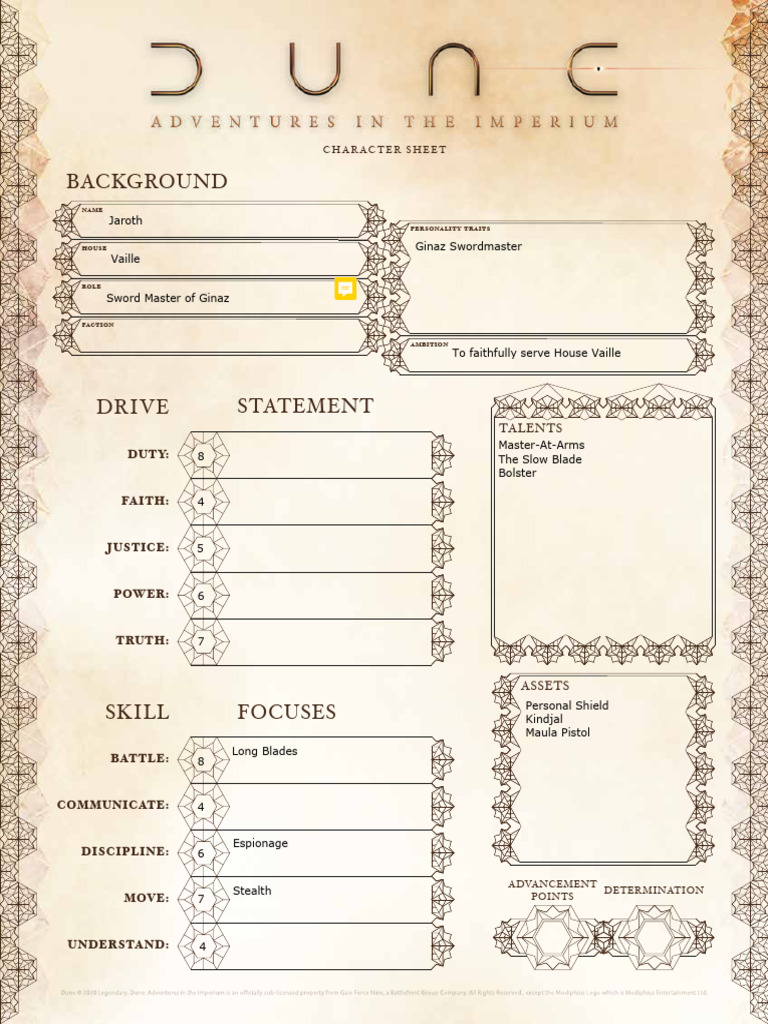 Character Sheet for Jaroth Vaille | PDF