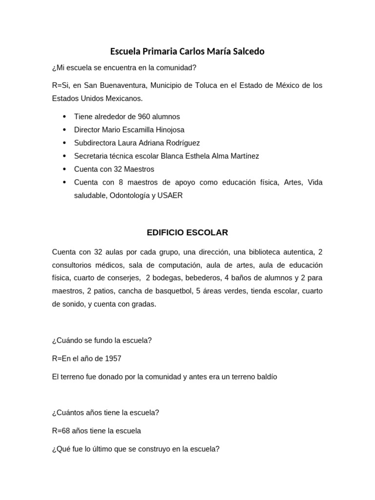 Escuela Primaria Carlos María Salcedo | PDF