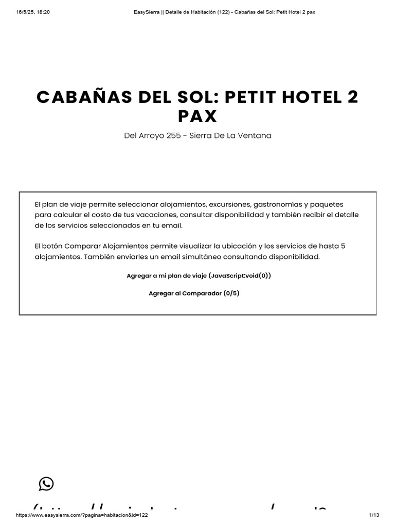 EasySierra __ Detalle de Habitación (122) - Cabañas Del Sol_ Petit Hotel 2 Pax | PDF ...