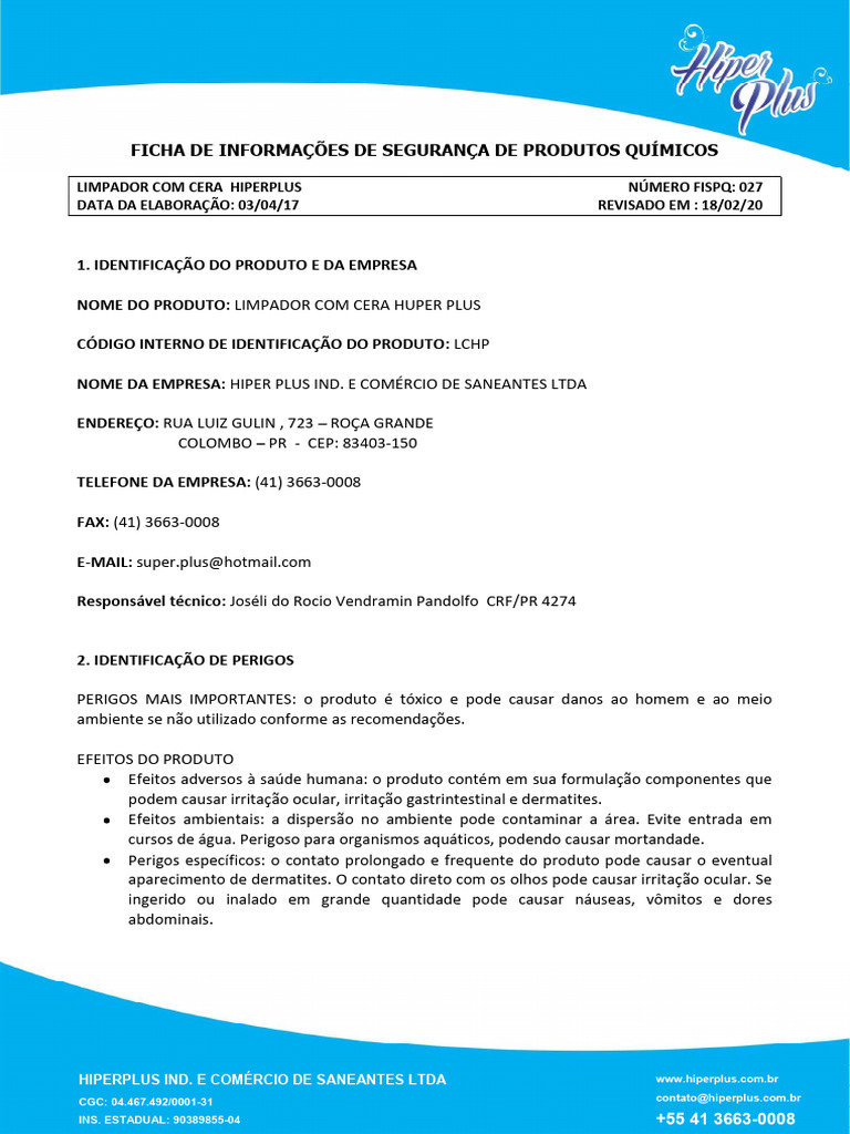 Ficha de Segurança: Limpador Hiper Plus | PDF | Águas residuais