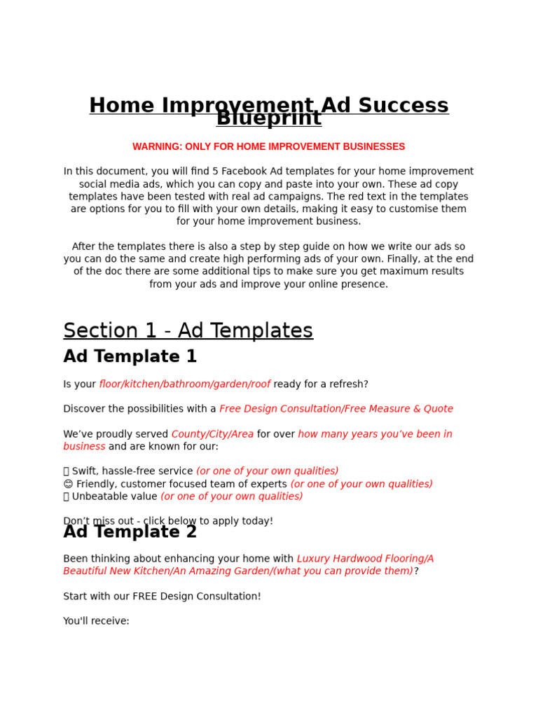 Home Improvement Ad Success Blueprint | PDF | Advertising | Marketing