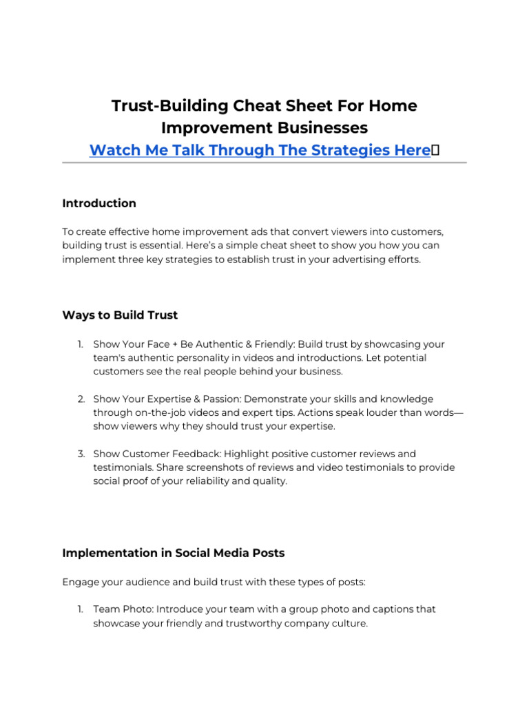 Trust-Building Cheat Sheet For Home Improvement Businesses | PDF ...