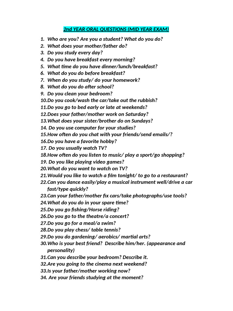 Class 2 Oral Exam Questions Guide | PDF