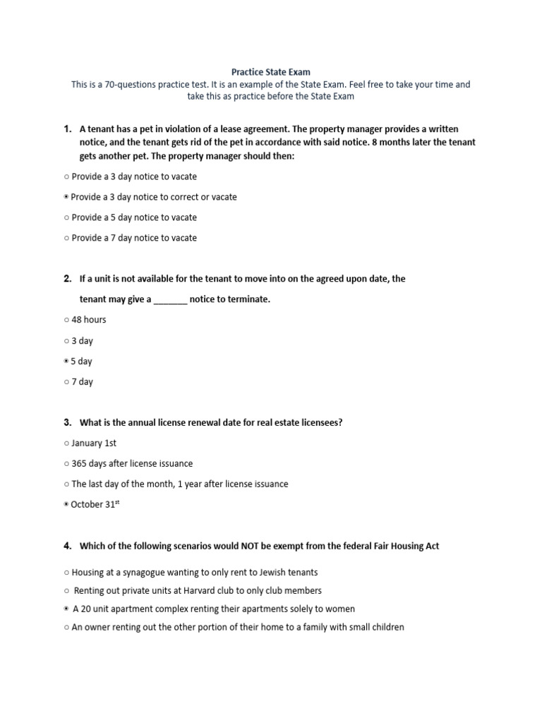 Practice State Exam Answer Key - Docx 1 | PDF | Lease | Leasehold Estate