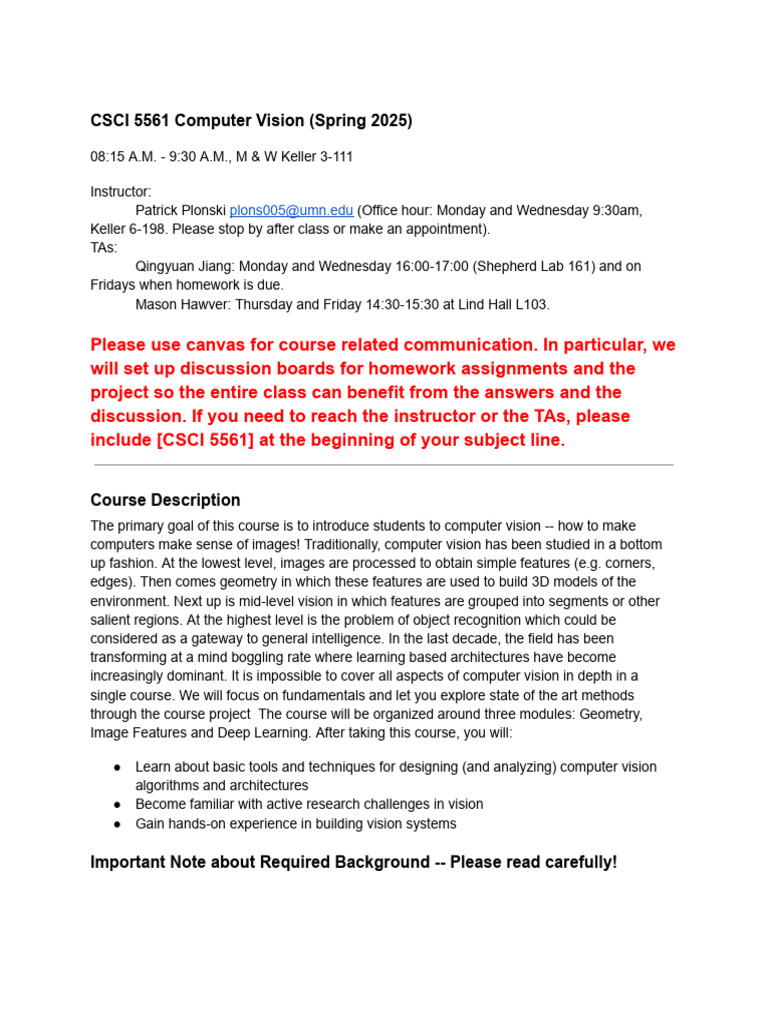 Spring 2025 CSCI 5561 Syllabus | PDF | Computer Vision | Deep Learning
