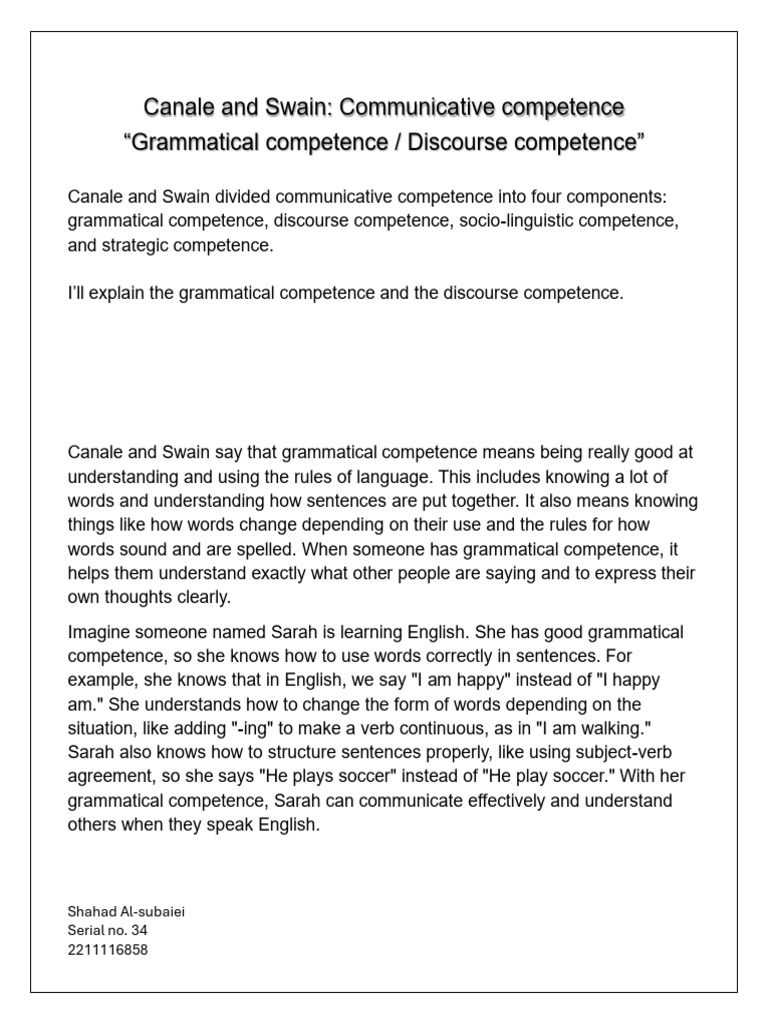 Canale and Swain Communicative Competence | PDF | Grammar | English Language
