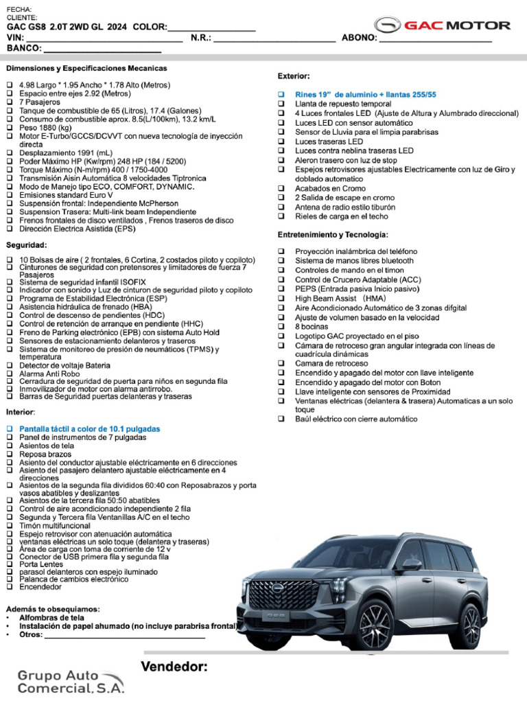 Cotizacion GS8 GL 2WD 2023 | PDF | Diodo emisor de luz | Vehículos terrestres