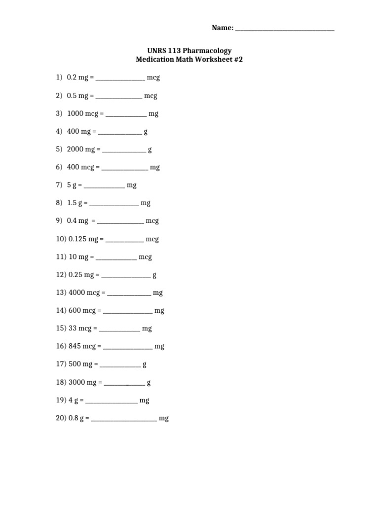 UNRS 113 Medication Math Worksheet #2 | PDF