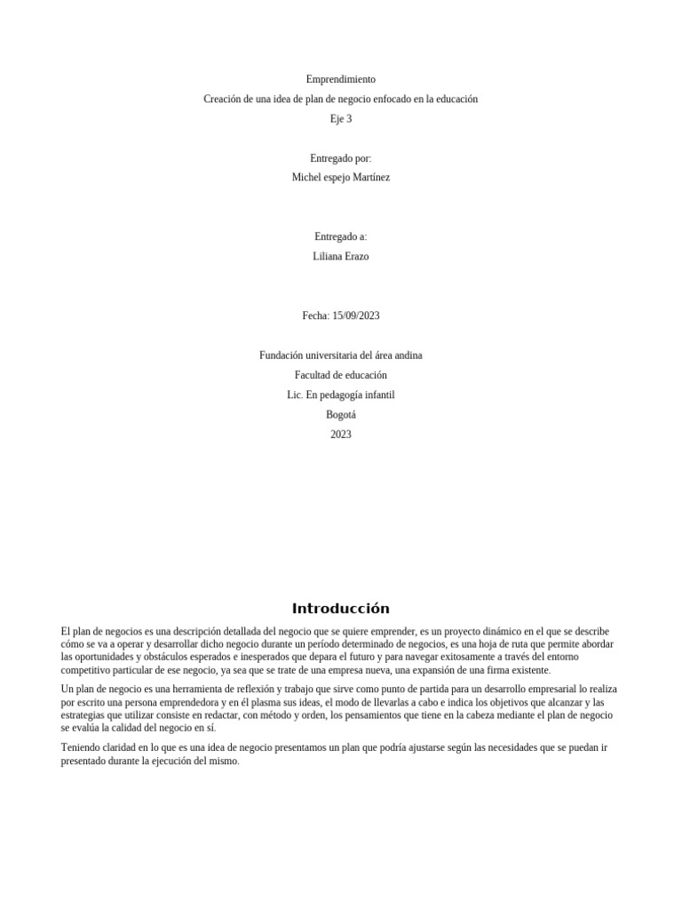 Emprendimiento Tarea Eje 3 | PDF | Plan de negocios | Business