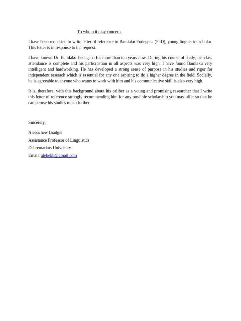 Letter To Bamlaku Endegena (PHD) | PDF